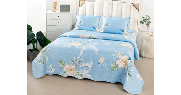 Cuvertura pat dublu din Bumbac Satinat Superior, 3 PIESE, Bleu, flori - Cumparamisim.ro